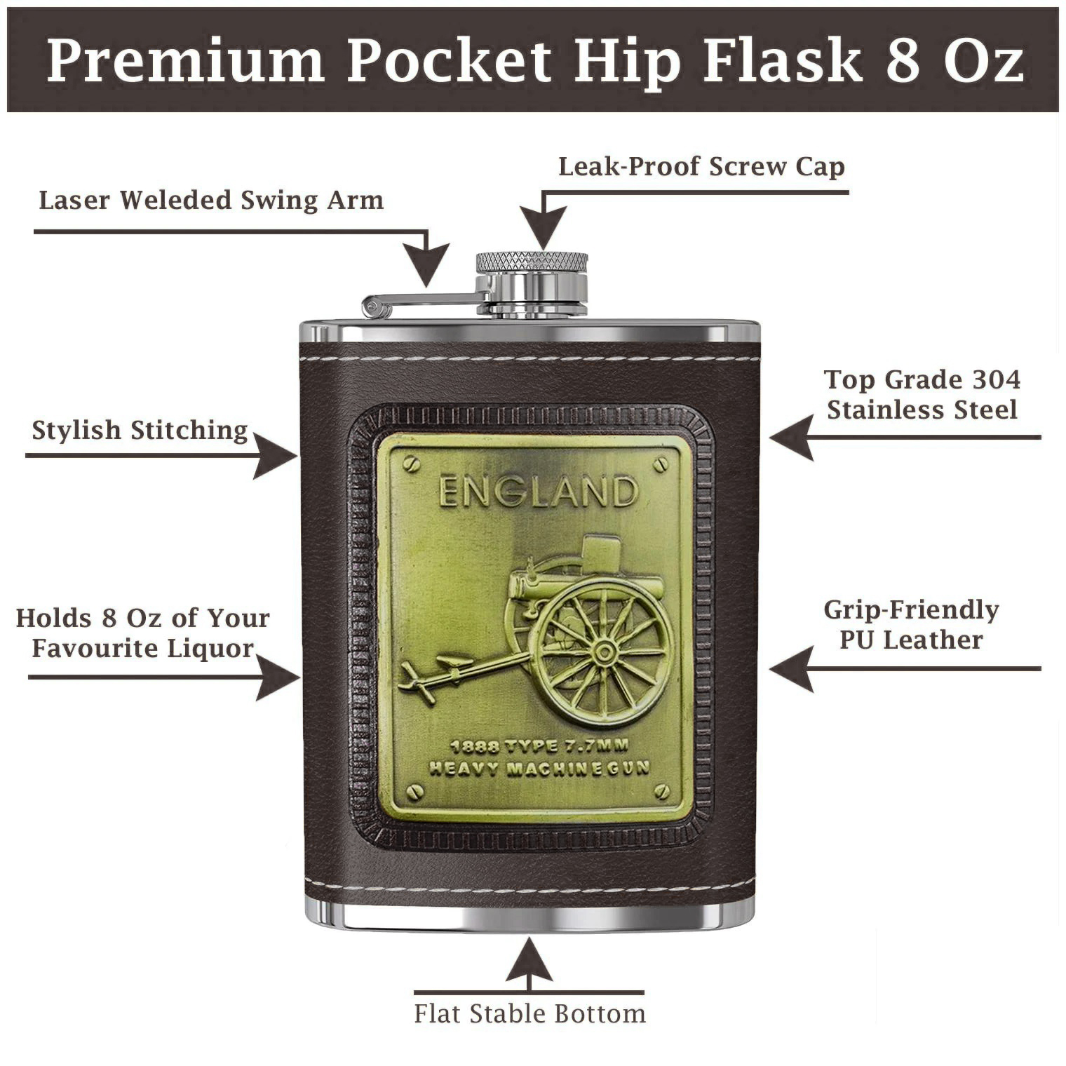 Stainless Steel Stitched Black Leather England Vodka Whisky Hip Flask ...